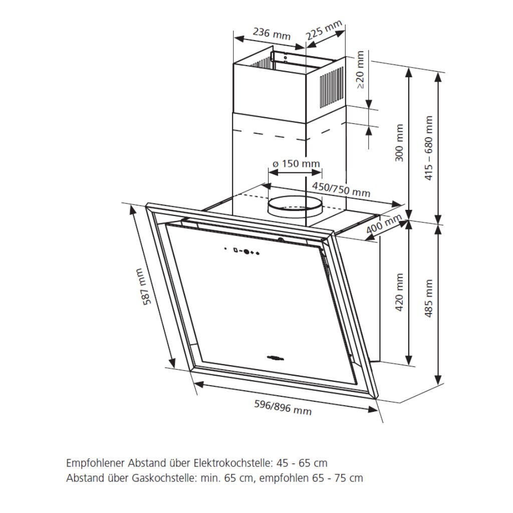 Schräge Wandhaube Selena 60/90 cm Glas weiss